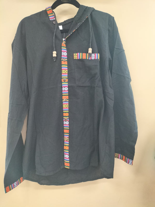 COTTON SHIRT, WITH HOOD & BHUTAN TRIM - Shamanic Rain Lifestyle